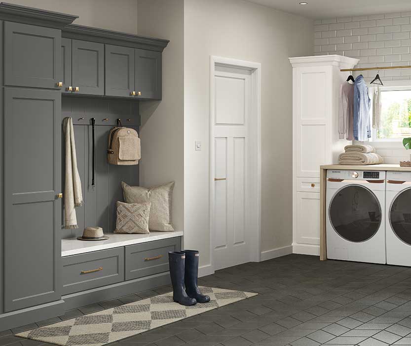White and Gray Laundry Room and Mudd Room - Homecrest Cabinetry