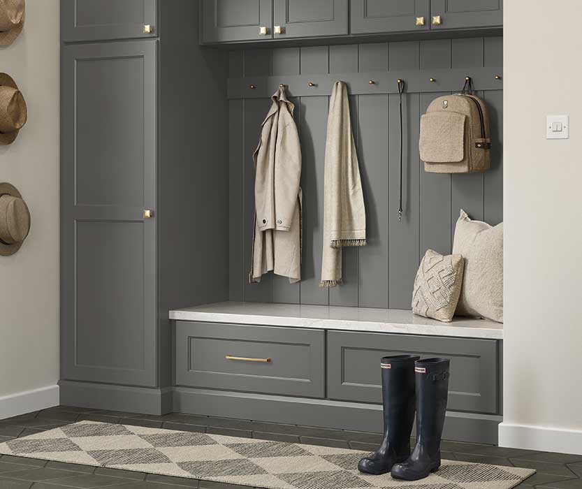 White and Gray Laundry Room and Mudd Room - Homecrest Cabinetry